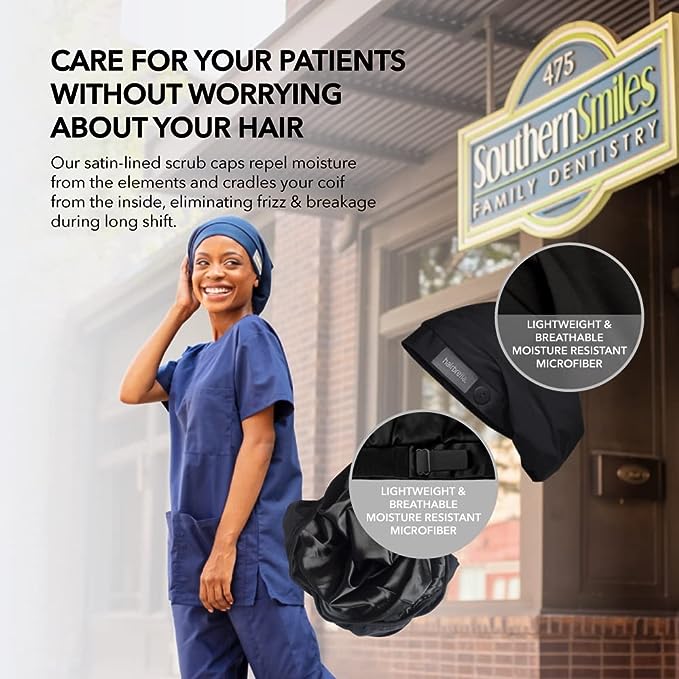 Satin-Lined Scrub Cap for Women, Adjustable, Ear Relief Buttons and ...